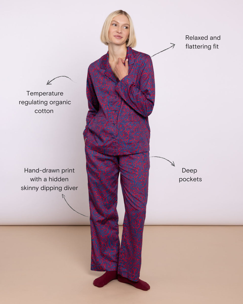 Luxury soft organic cotton women's pyjamas | navy and red print | Yawn